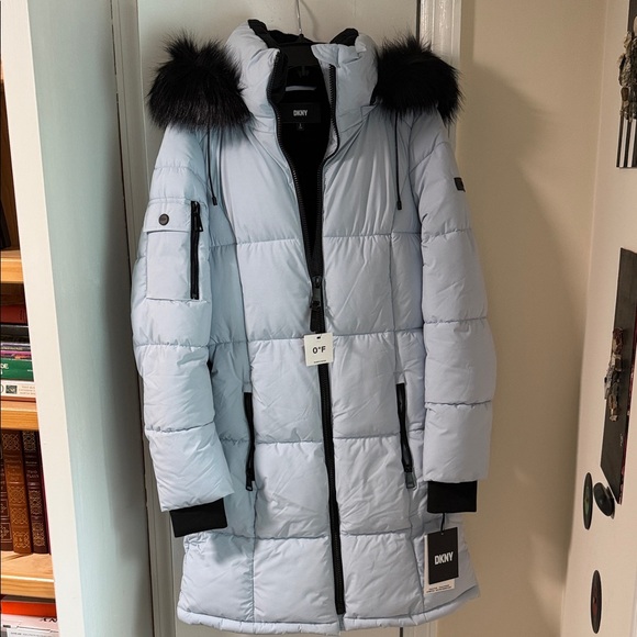 Dkny | Jackets & Coats | Dkny Womens Sky Blue Puffer Jacket With Black ...
